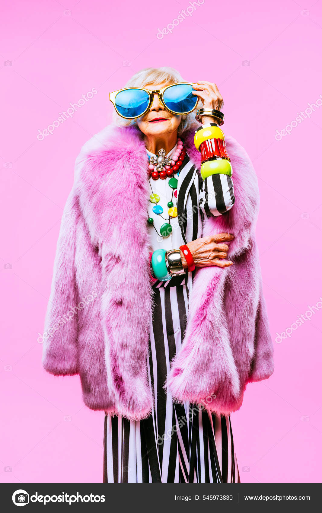 Happy Funny Cool Old Lady Fashionable Clothes Portrait Colored ...