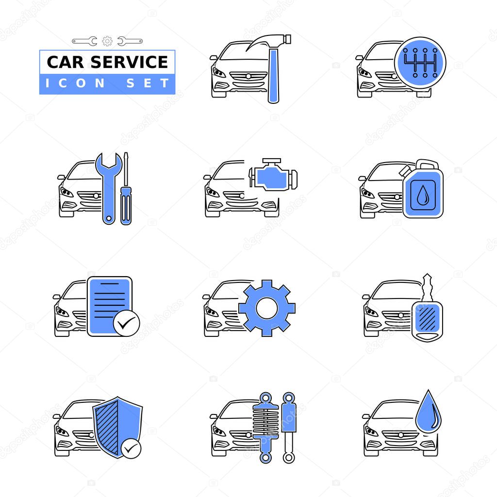 Conjuntos de icono de línea vectorial. Servicio de coches con elementos ...