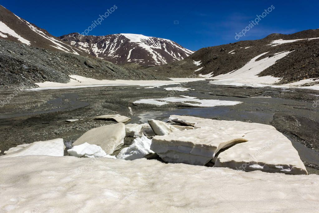Melting snow of a glacier near the high altitude pass of Shingo La in ...