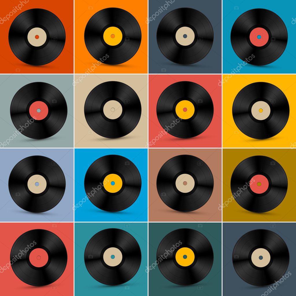 Retro, Vintage Vector Vinyl Record Disc Set on Colorful Background ... Retro, Vintage Vector Vinyl Record Disc Set on Colorful Background ...
