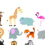 Cartoon illustration of seven baby animals and jungle leaves Stock ...