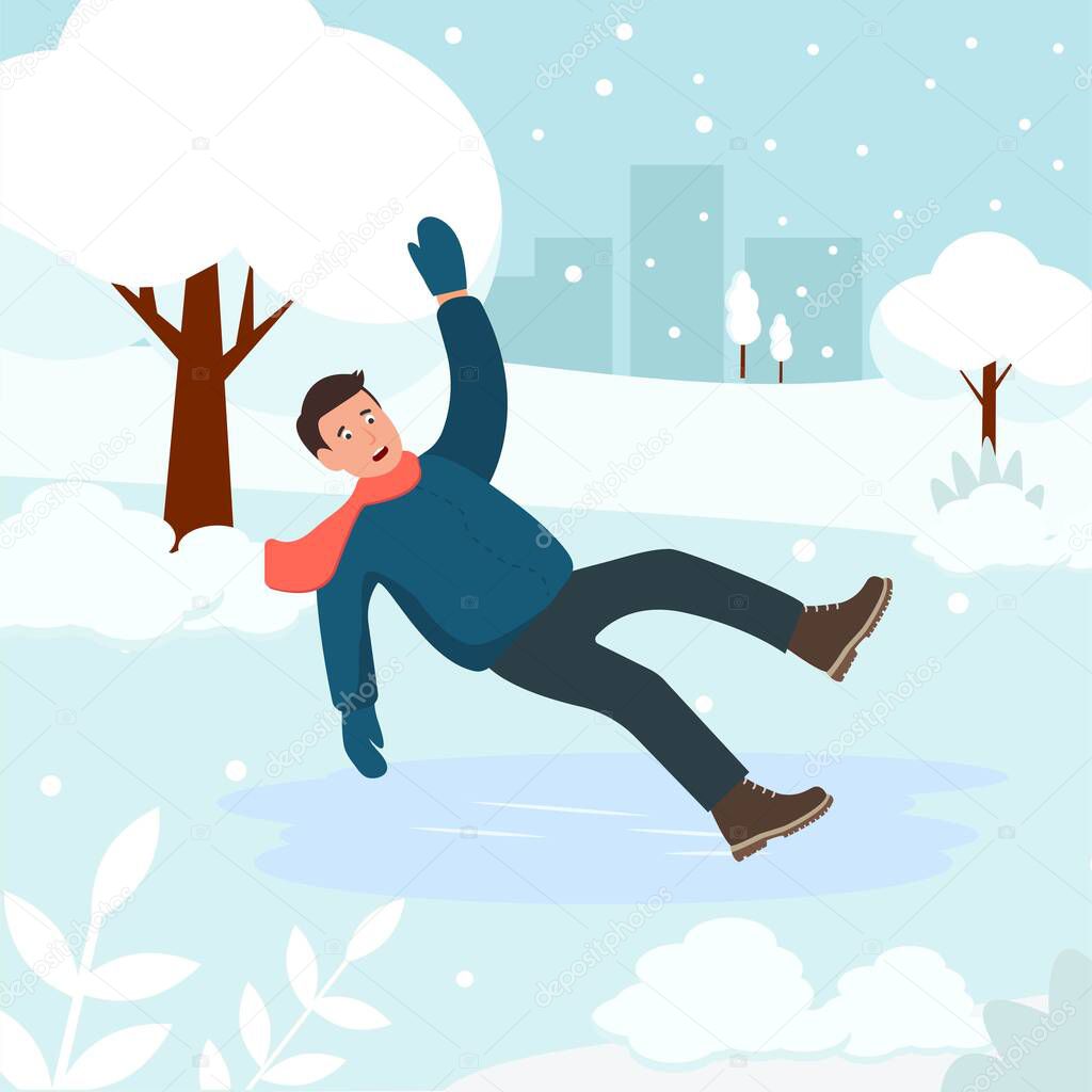 El hombre se resbaló en el hielo. El chico se cae, agitando las manos ...