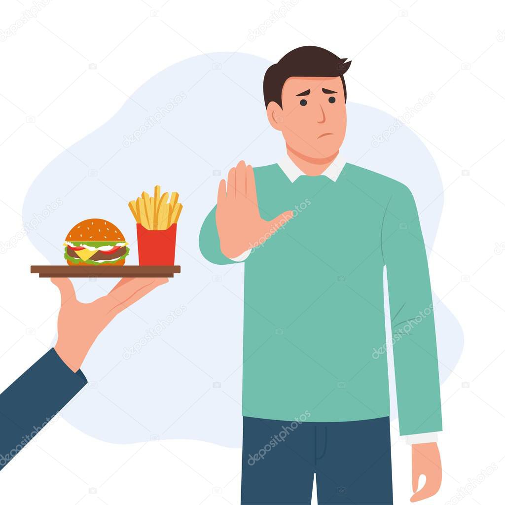 Man refuse fast food. Guyl showing stop hand sign for unhealthy,fat ...