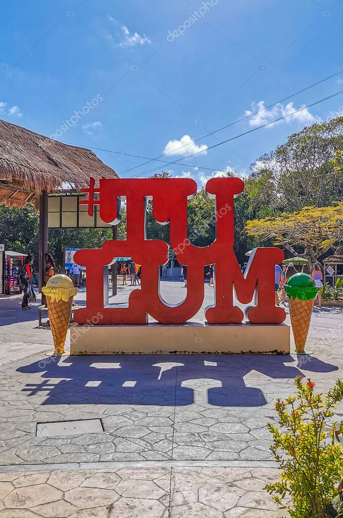 Tulum Mexico 09. march 2022 Big red sign lettering writing Tulum Magico ...