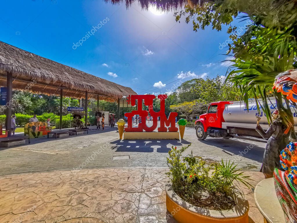 Tulum Mexico 09. march 2022 Big red sign lettering writing Tulum Magico ...