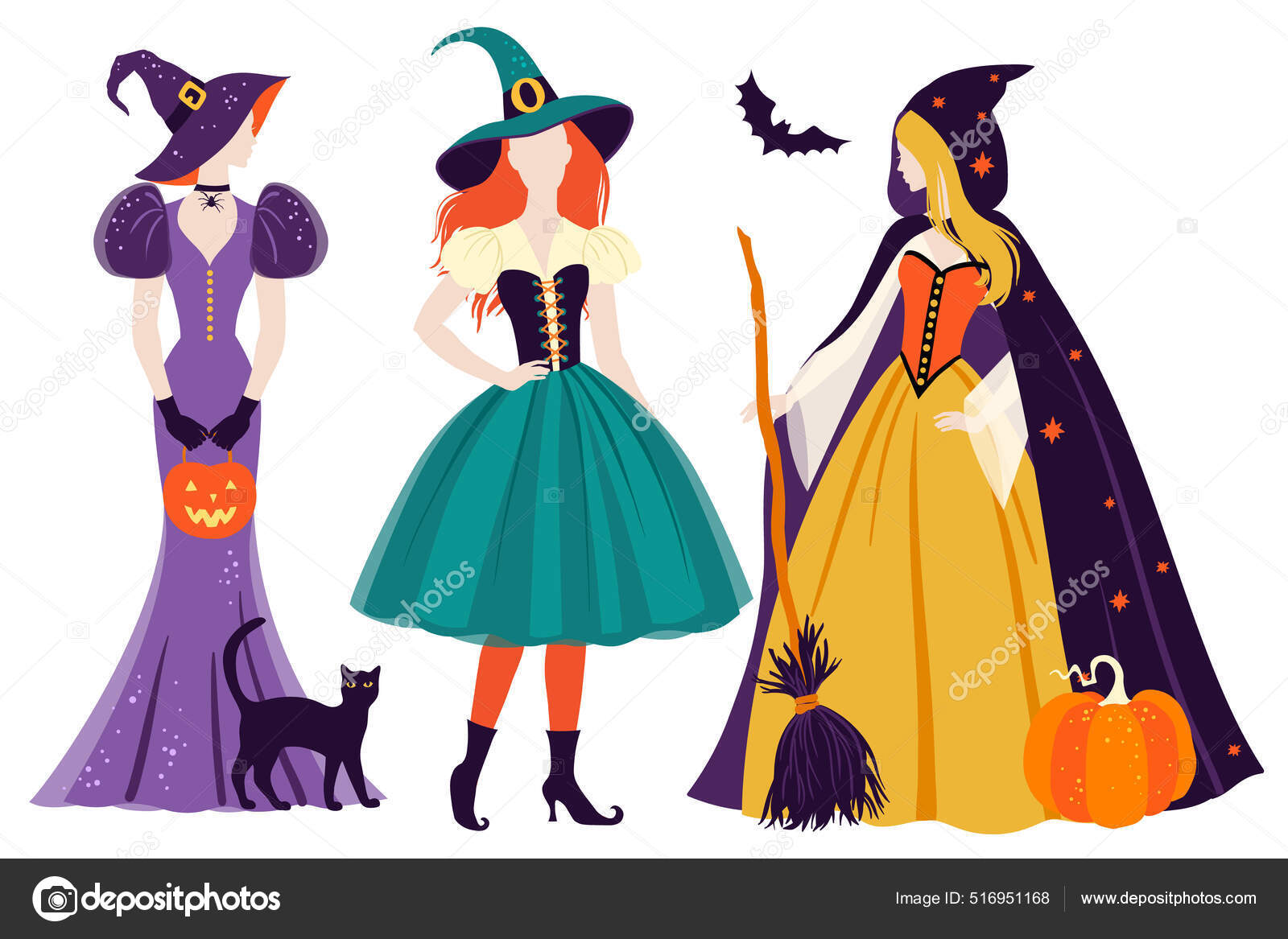 Set Different Vintage Halloween Costume Witches Flat Style Color Vector ...