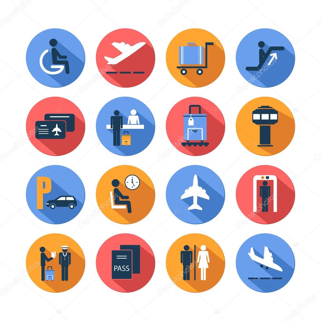 Colored airport icons set — Stock Vector © macrovector #43330547 Colored airport icons set — Stock Vector © macrovector #43330547