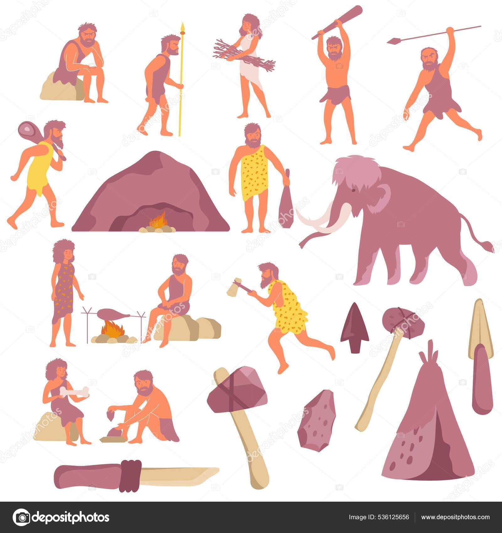 Edad de Piedra Set plano Vector de stock #536125656 de ©macrovector