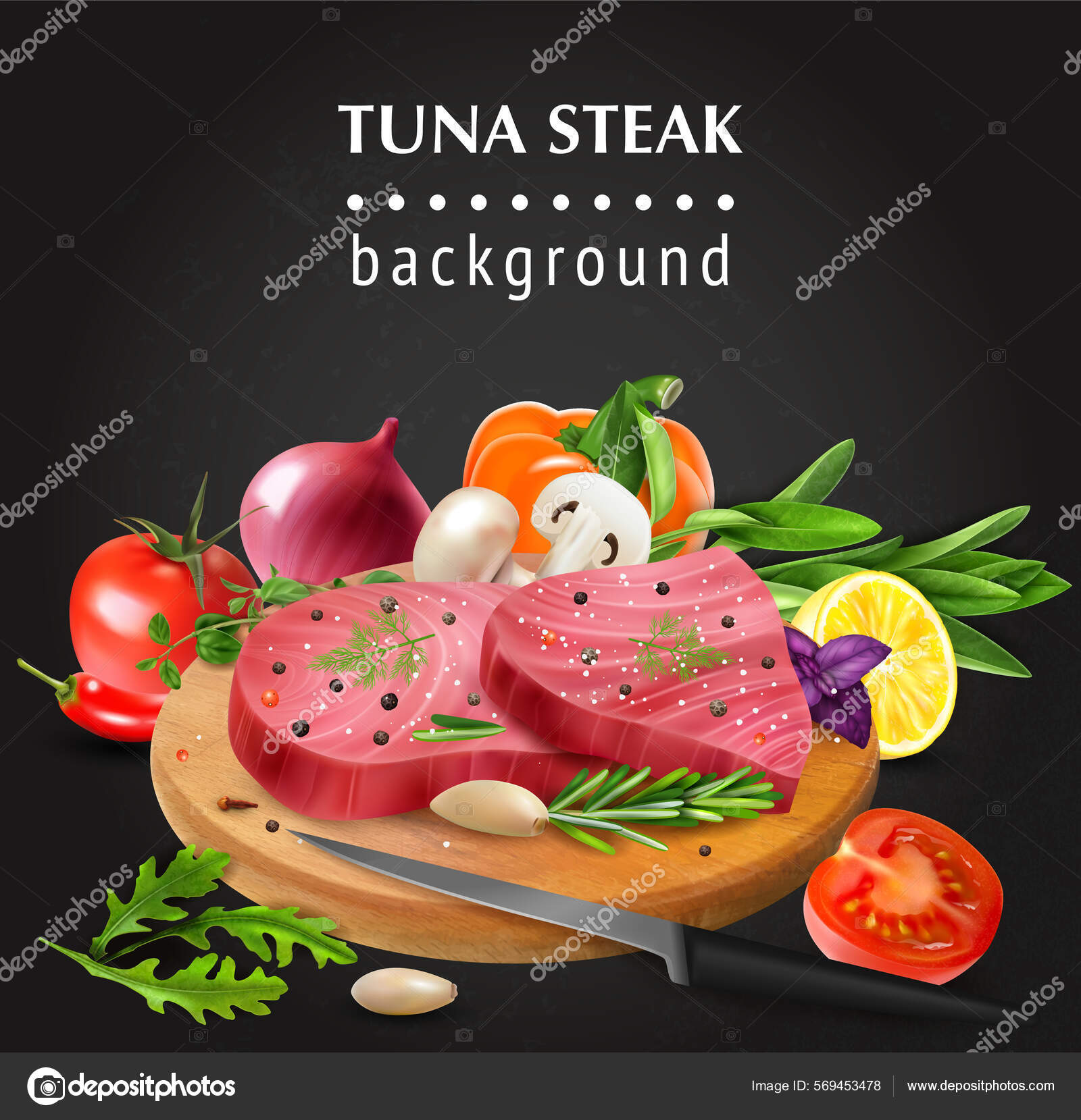 Bife de atum Fundo realista imagem vetorial de macrovector© 569453478