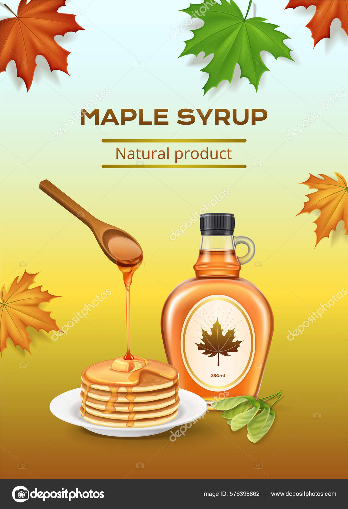 Maple Syrup Natural Product Realistic Composition Bottle Autumn Leaves ...