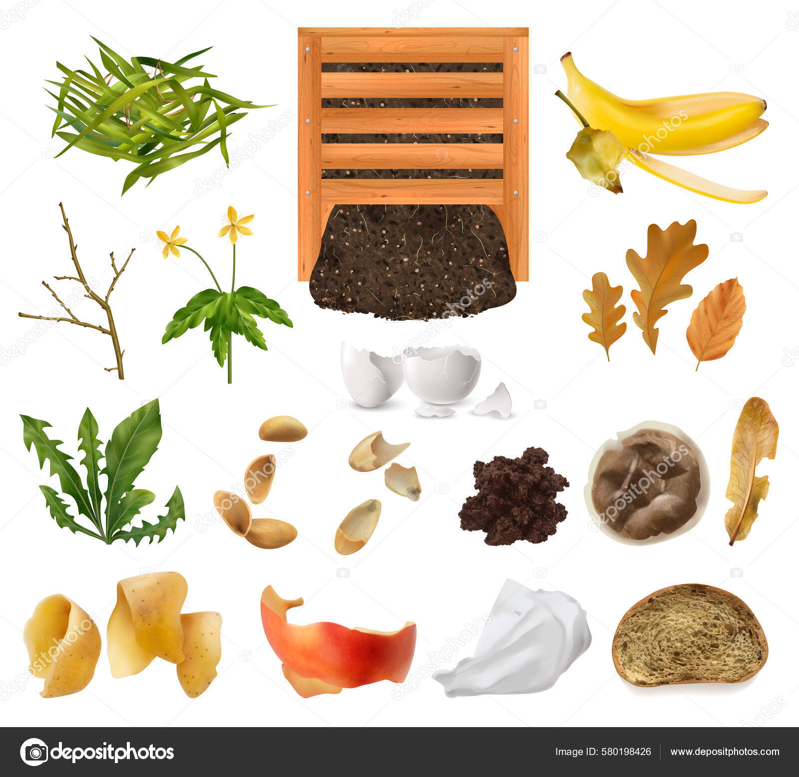 Realistic Compost Set Isolated Images Organic Wastes Peel Shells Grass ...