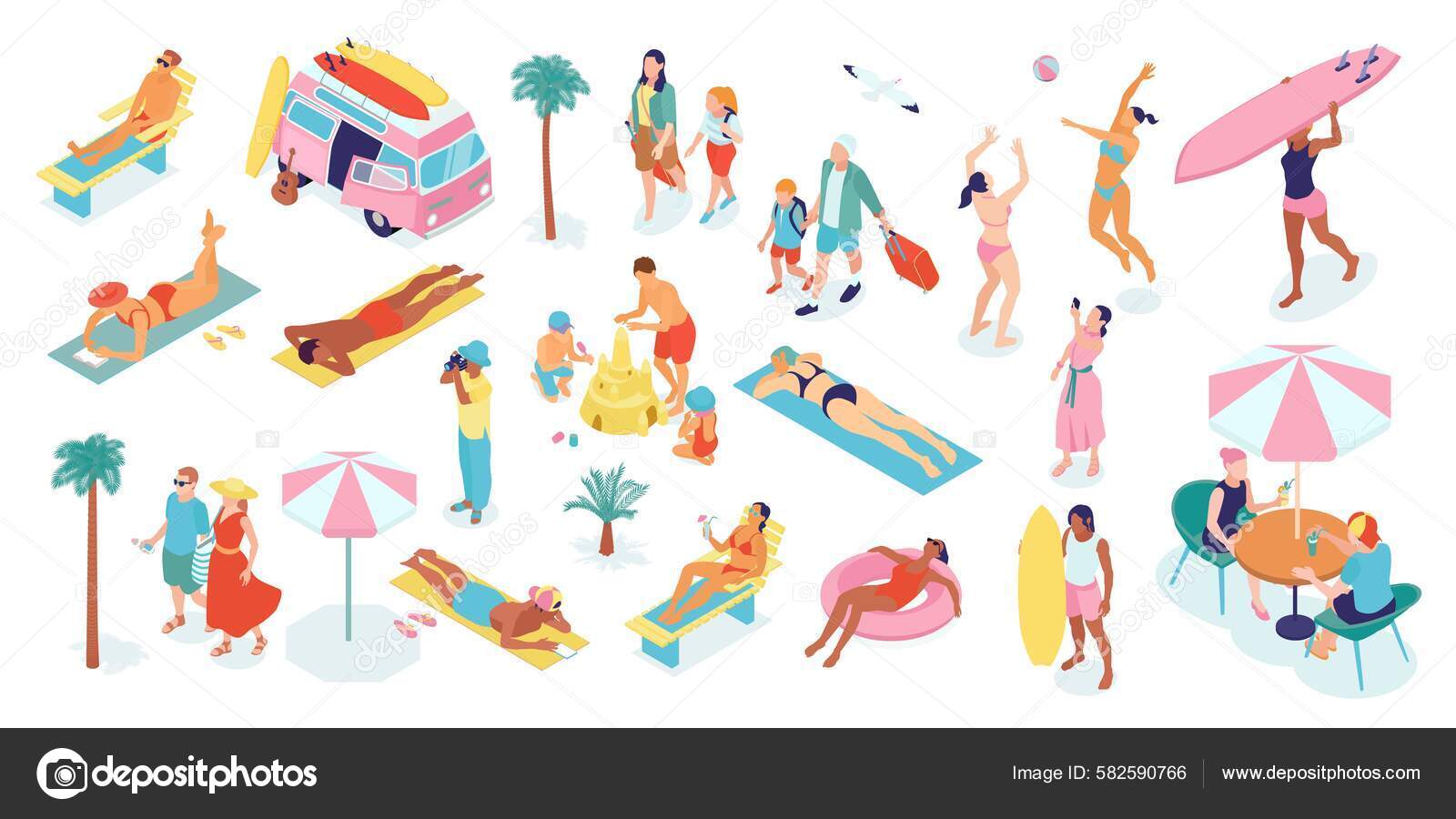 Summer Vacation Color Set Resort Symbols Isometric Isolated Vector ...
