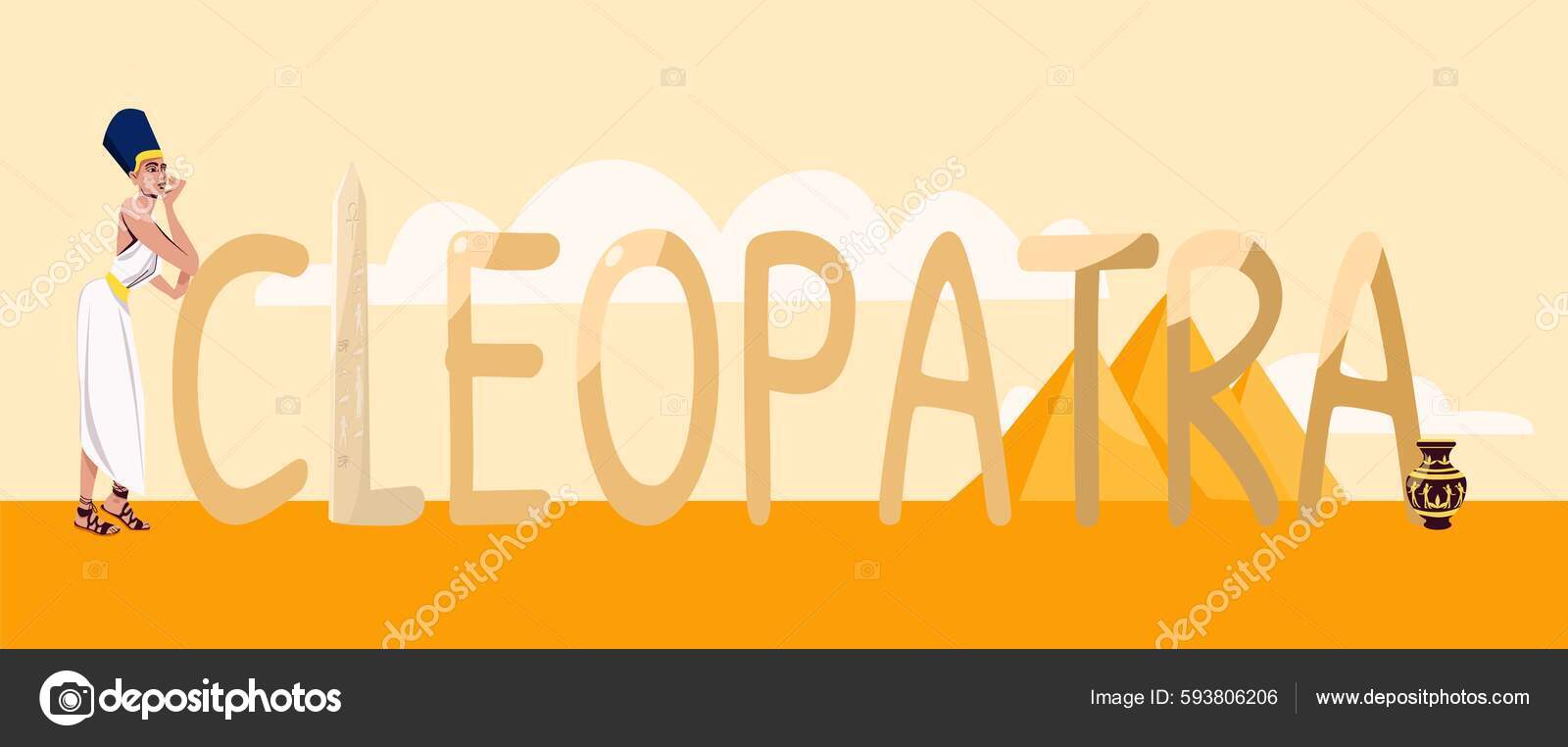 Cleopatra Flat Text Big Letters Ancient Pyramids Background Vector ...