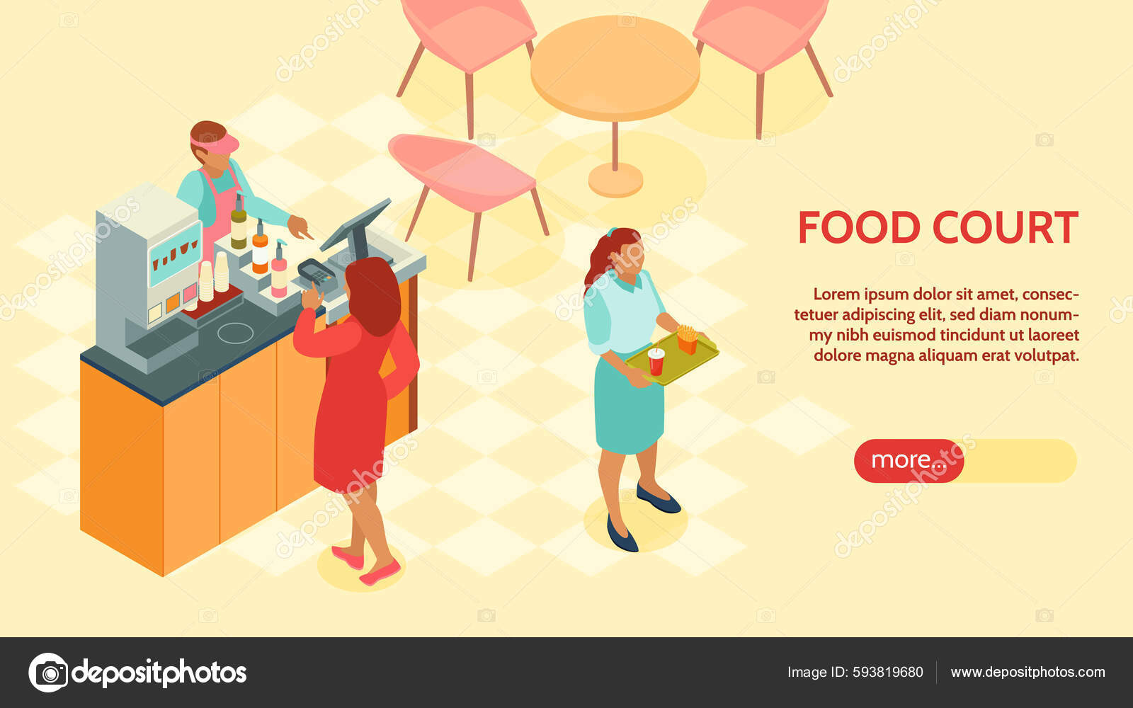 Food Court Isometric Horizontal Banner Dining People Symbols Vector Illustration Stock Vector by ...