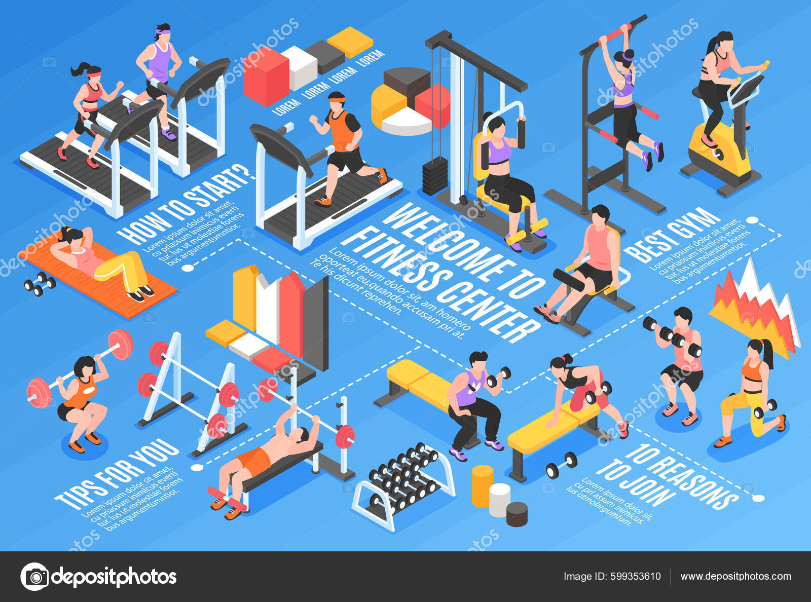 Isometric Gym Fitness Flowchart People Doing Sports Vector Illustration Vector de stock por ...
