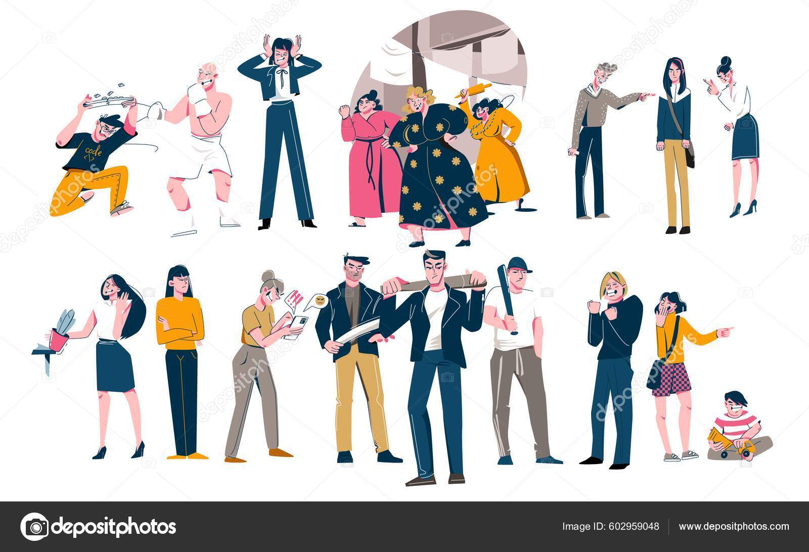 Aggressive People Flat Set Male Female Characters Using Verbal Physical ...