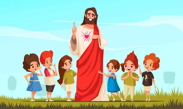 Children Bible Cartoon Scene Jesus Christ Praying Outdoors Vector ...