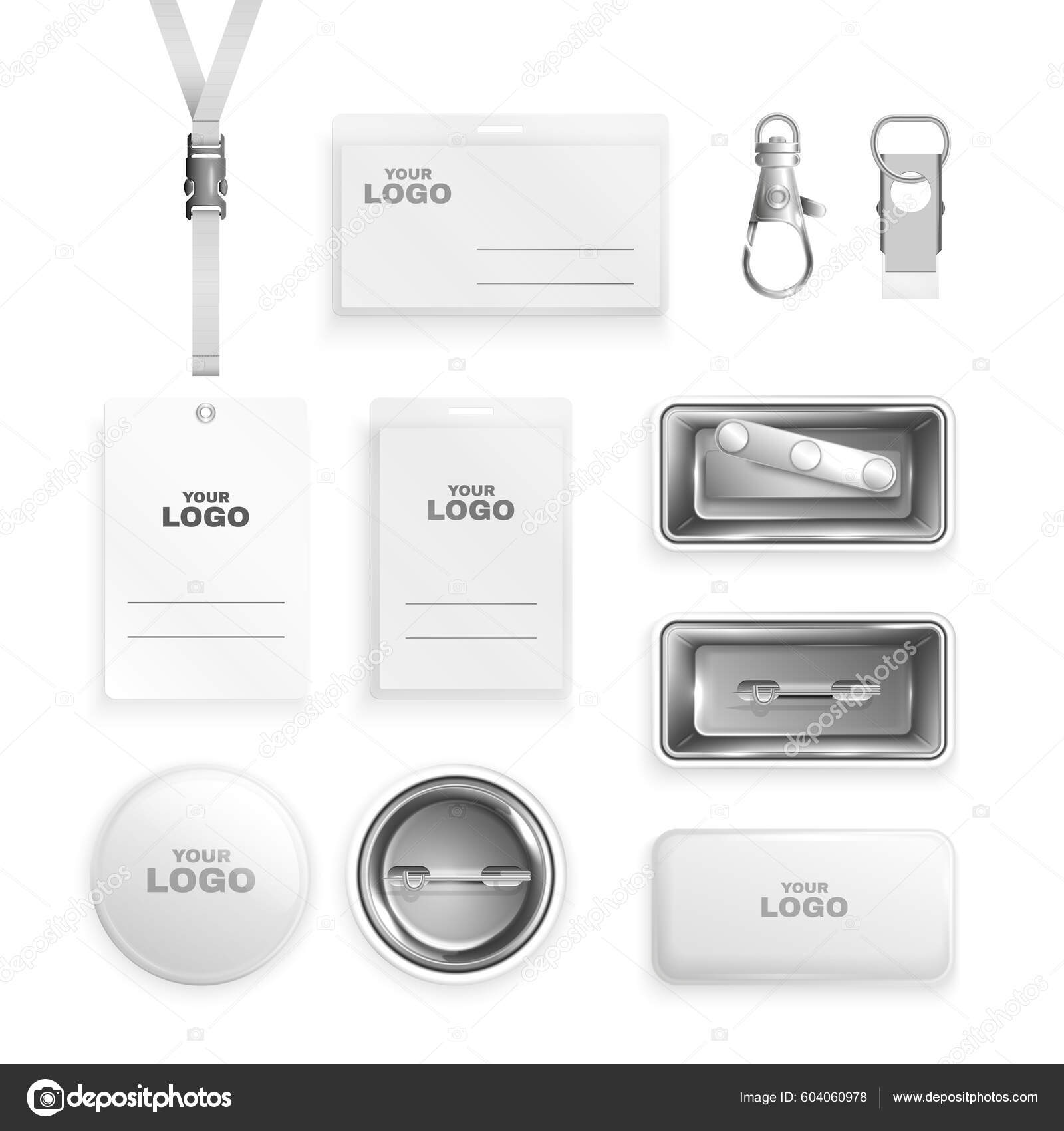 Realistic Set Blank Metal Paper Badges Lanyard Clips Isolated Vector ...