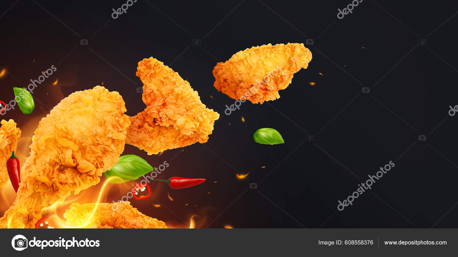 Ayam Cepat Saji Komposisi Realistis Dengan Latar Belakang Hitam Api ...