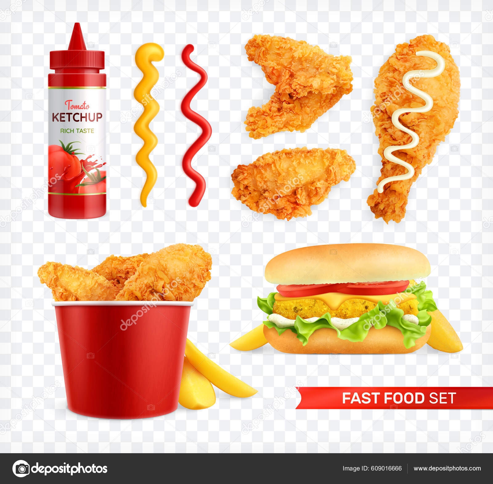 Chicken Fast Food Realistic Set Isolated Images Chicken Wings Burger ...