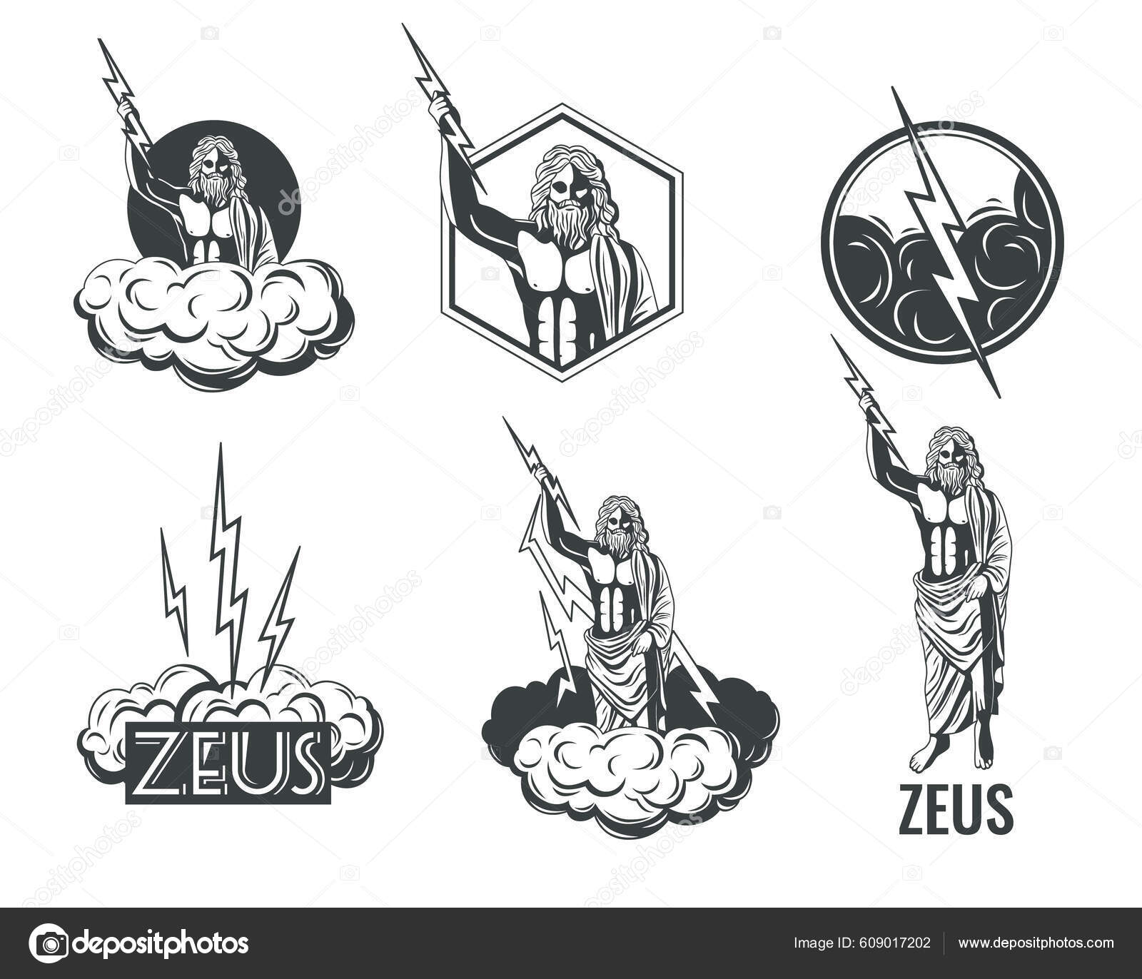 Zeus Greek Olympian God Lightnings Black White Emblems Set Isolated ...