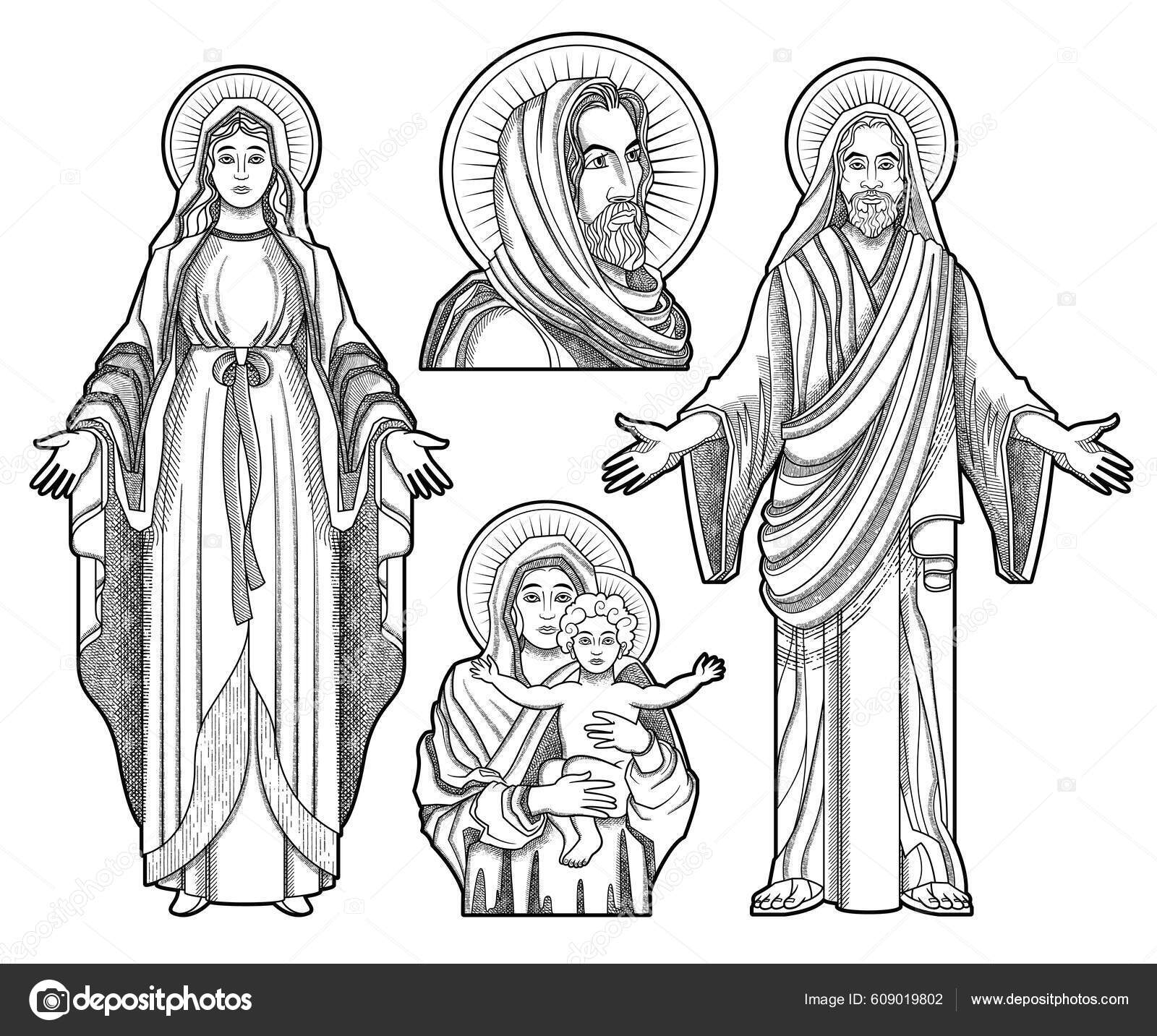 Jesucristo Virgen María Dibujo Conjunto Con Imágenes Contorno Aisladas ...