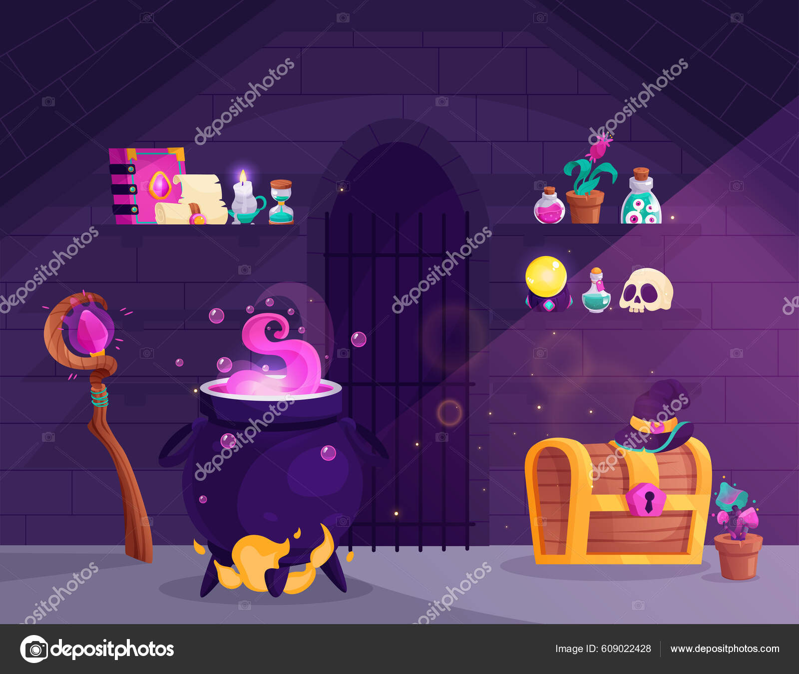 Magic Room Interior Composition Indoor View Witch Dwelling Boiling ...