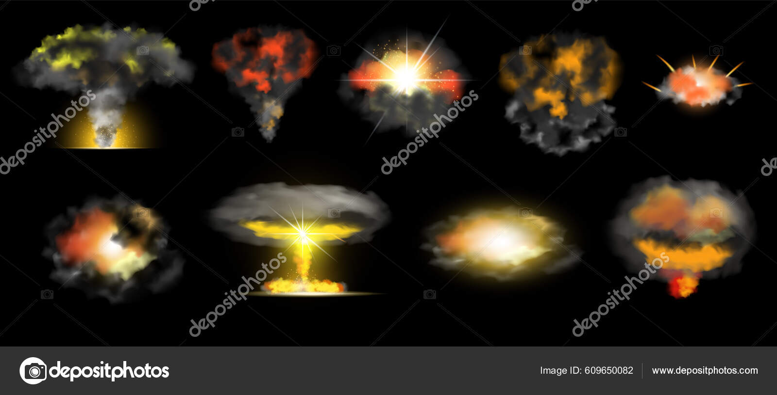 Nuclear Bomb Explosion Effect Smoke Flame Realistic Set Isolated Black ...