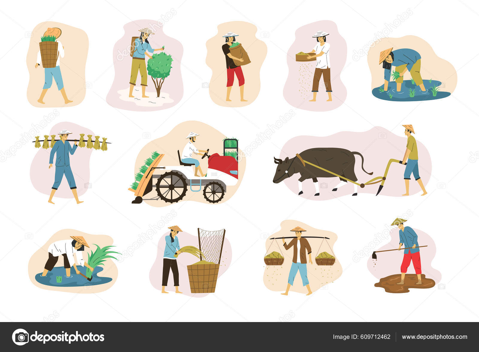 Flat Set Asian Farmers Collecting Crops Plowing Isolated Vector ...