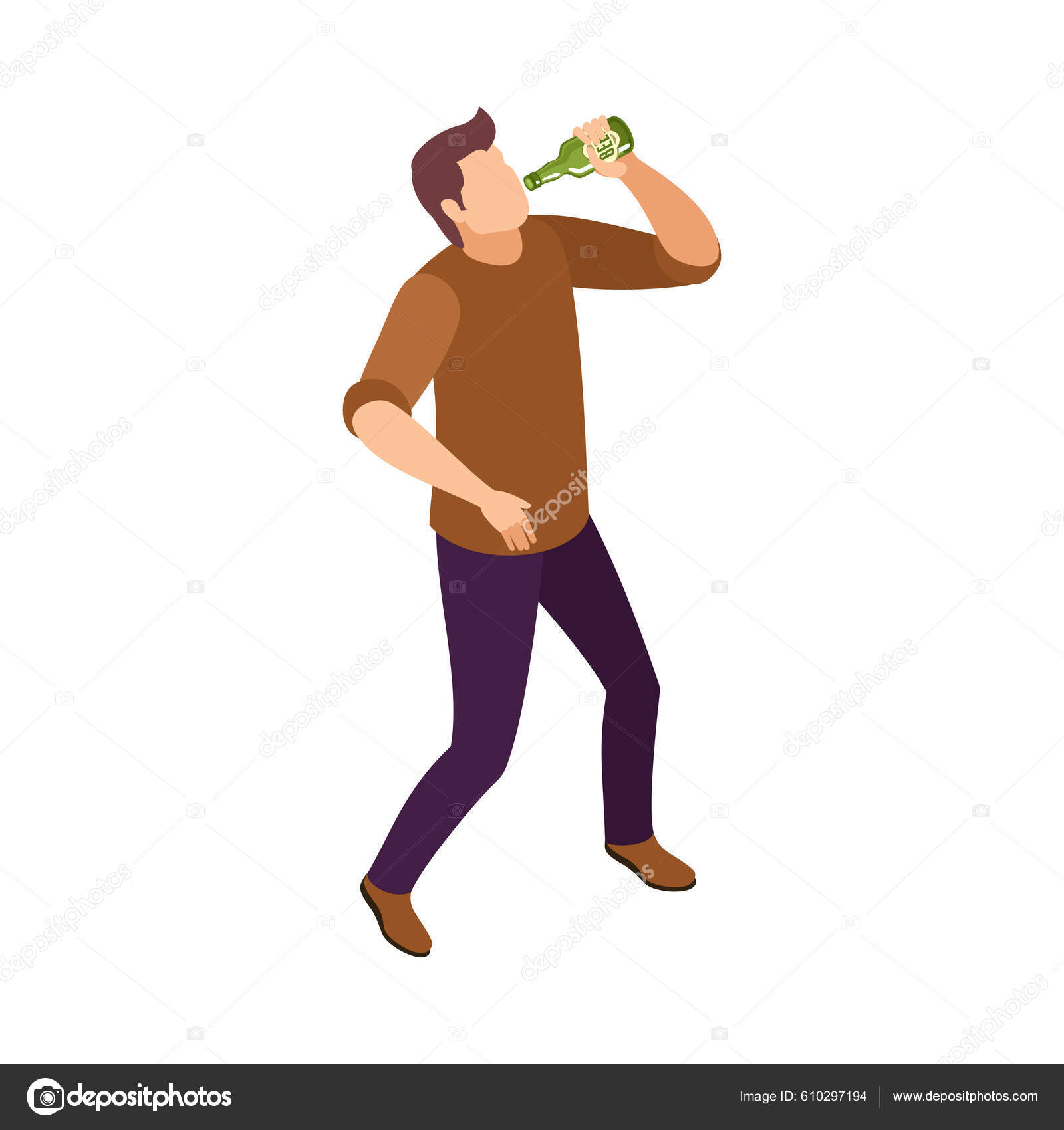 Isometric Alcohol Addiction Concept Man Drinking Beer Bottle Vector ...