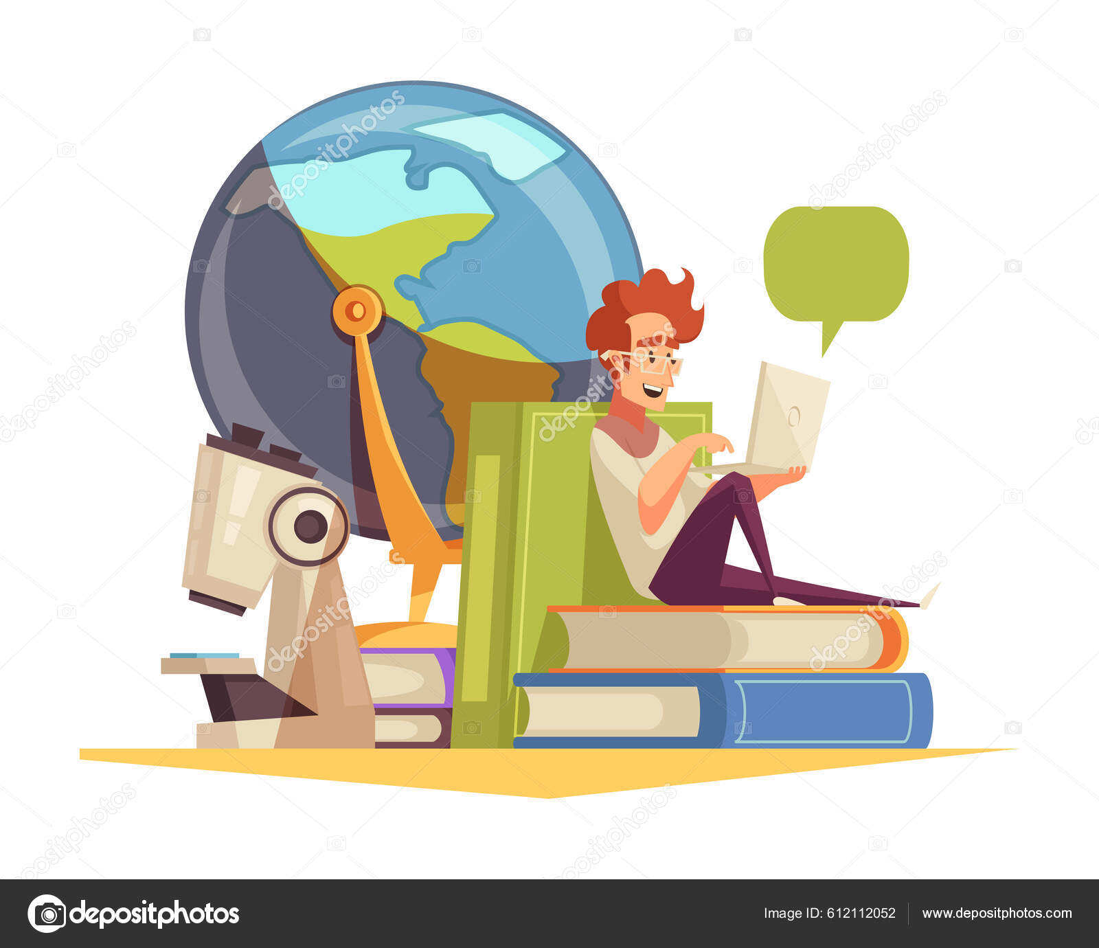 Cartoon Distance Learning Concept Microscope Globe Happy Man Studying ...