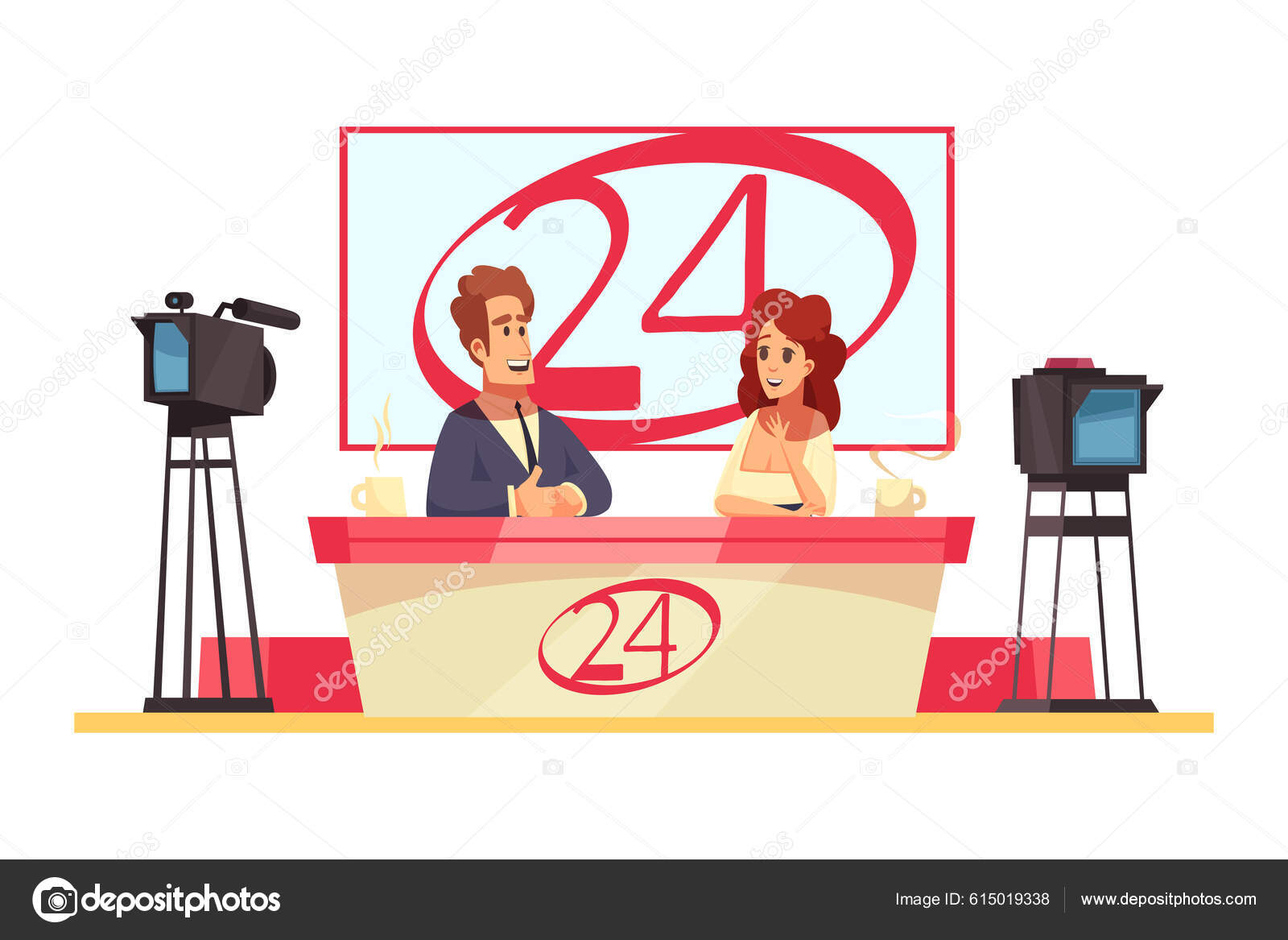 Television Talk Show Cartoon Composition Two Smiling Presenters Studio ...