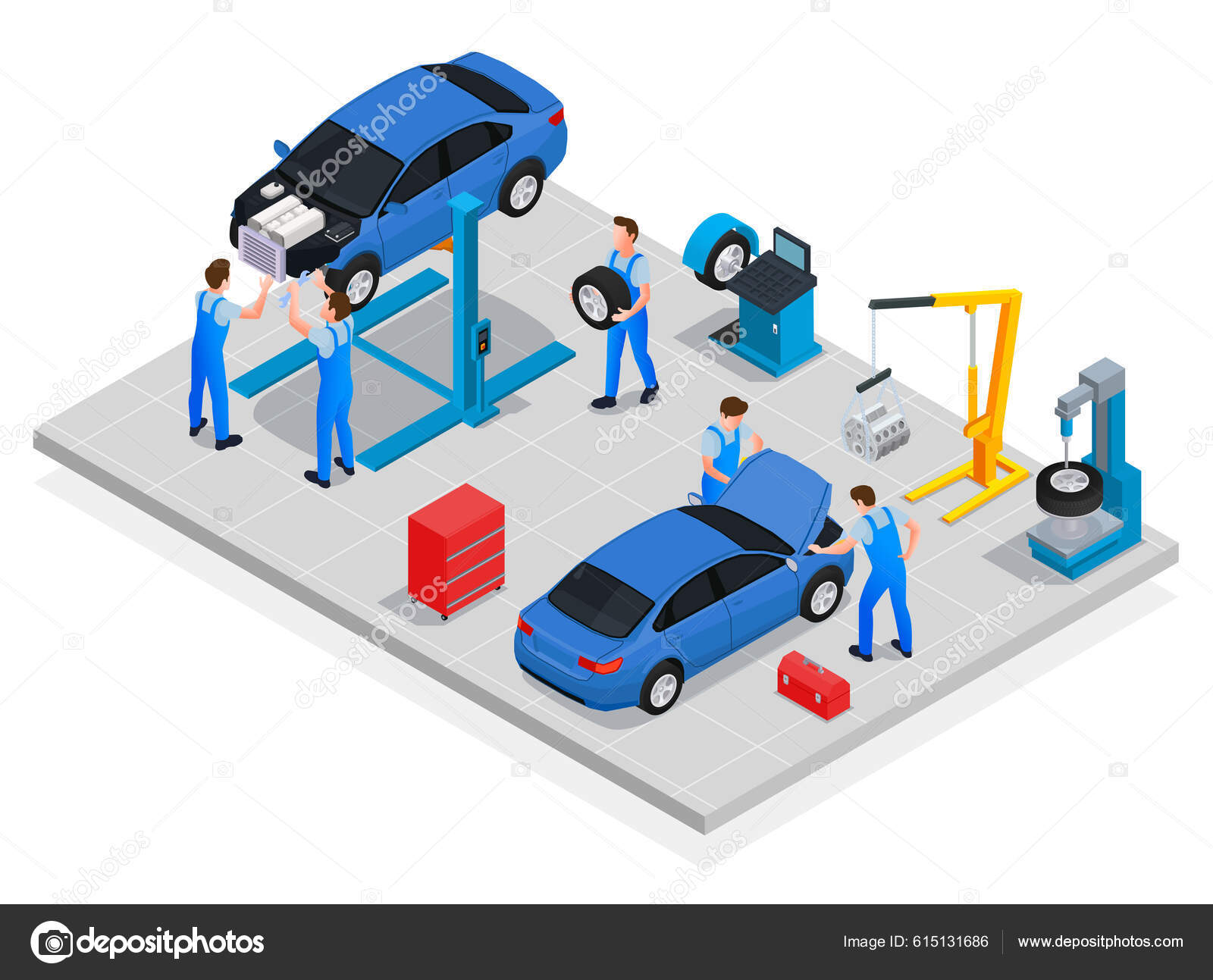Car Workshop Isometric Composition Professional Workers Performing ...