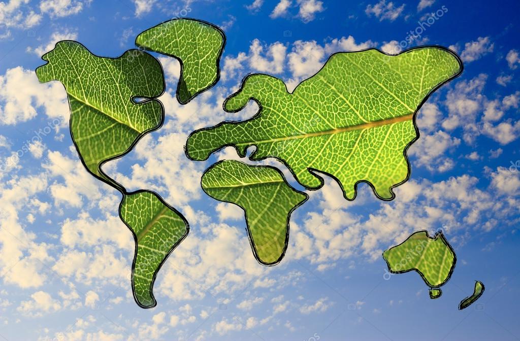 Green economy, world map covered by green leaves — Stock Photo ...