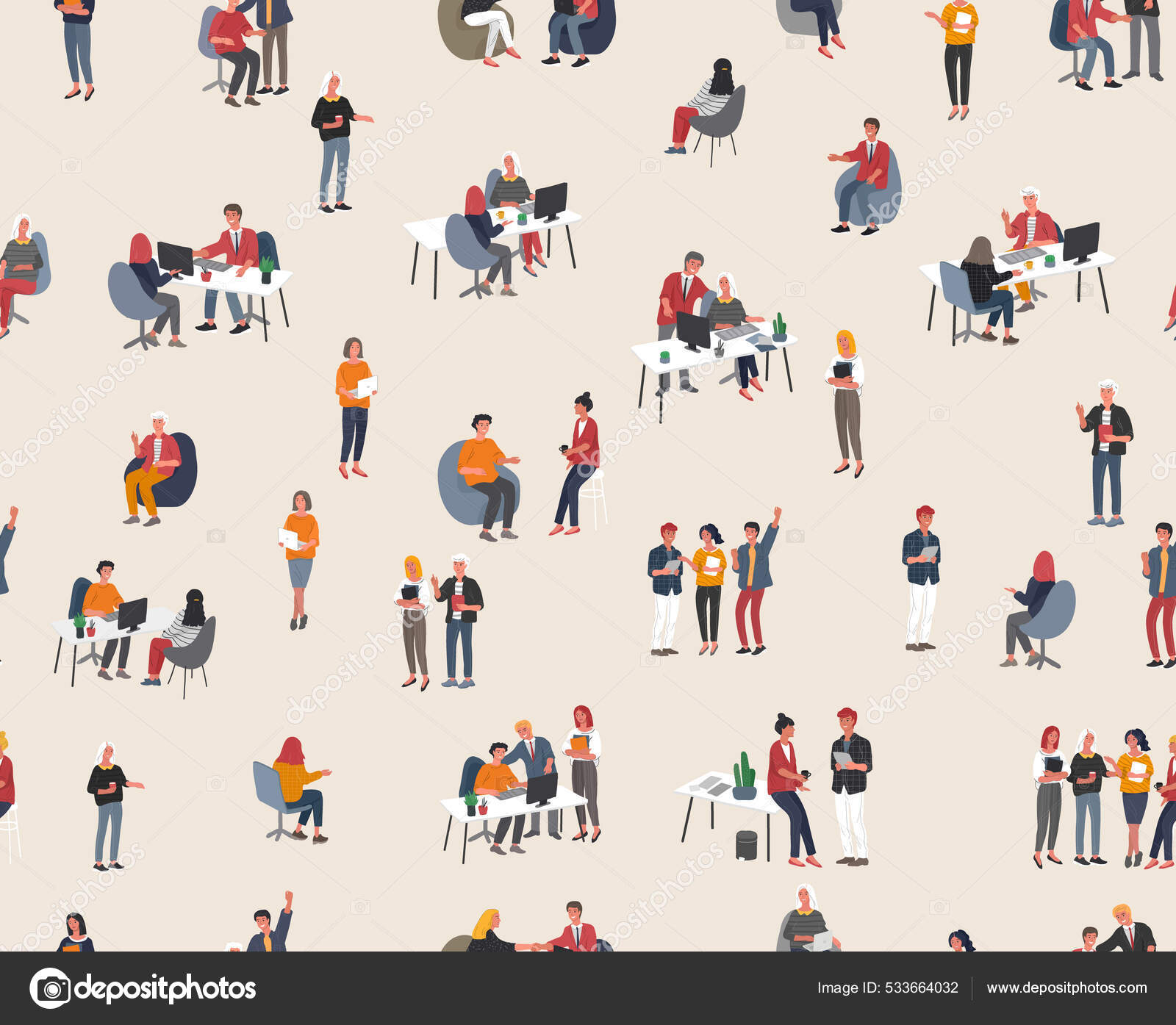 Vector seamless pattern with business people, male and female young office workers. Cartoon ...