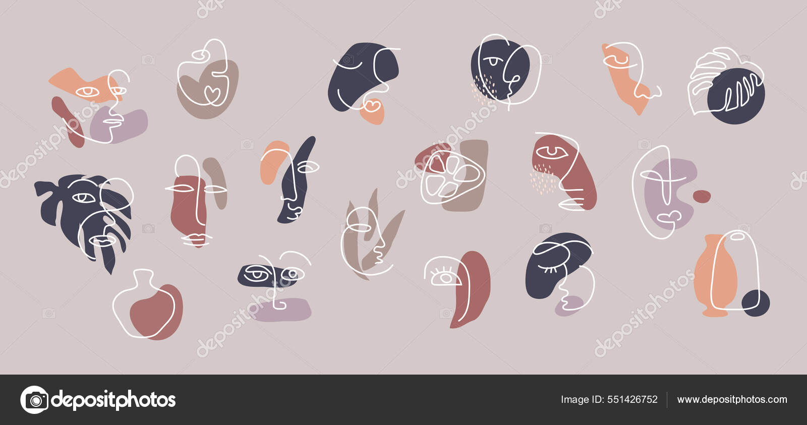 Minimal continuous one line faces set. Various Shapes and objects. Contemporary modern icons ...