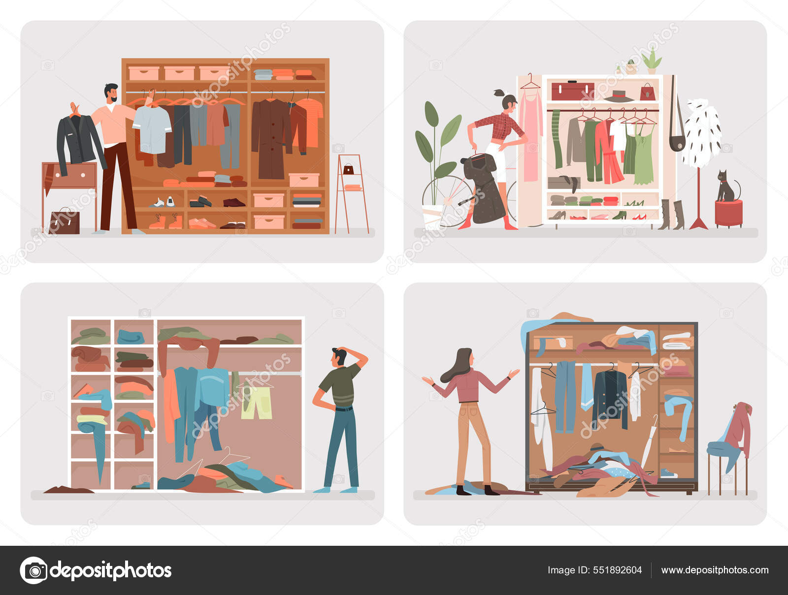 Wardrobe with clothes and people organize shirts, dresses and shoes ...