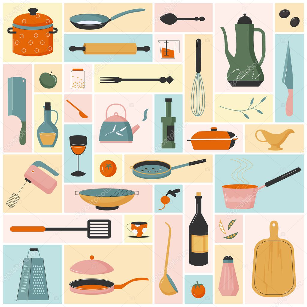 Kitchen utensils, tools and equipment set vector illustration. Cartoon ...