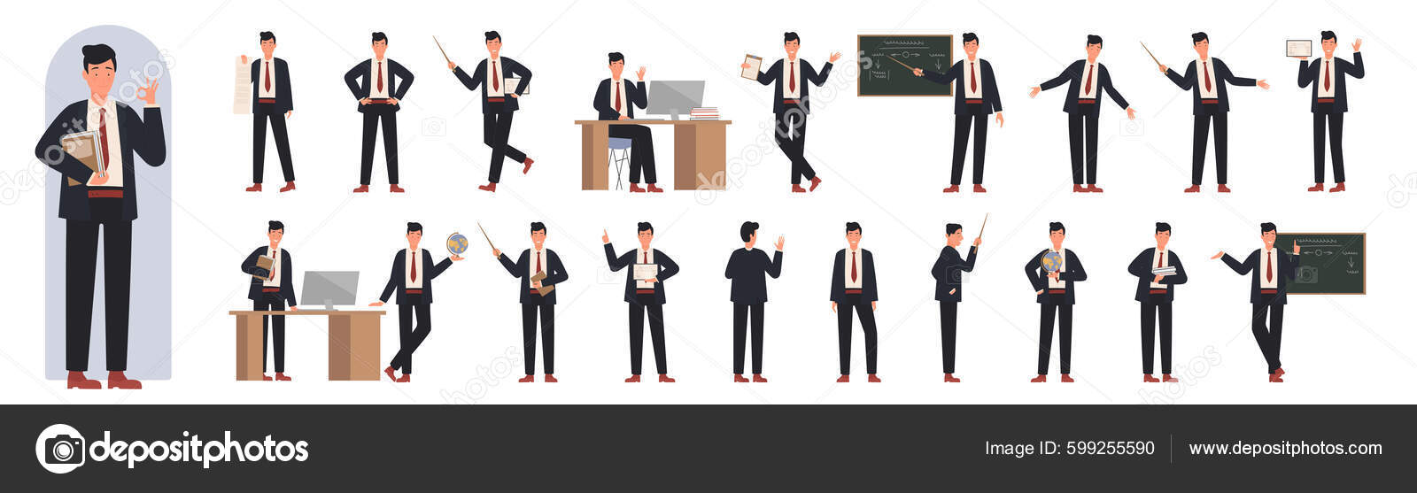 Young Male Teacher Showing Different Poses Gestures Set Vector ...