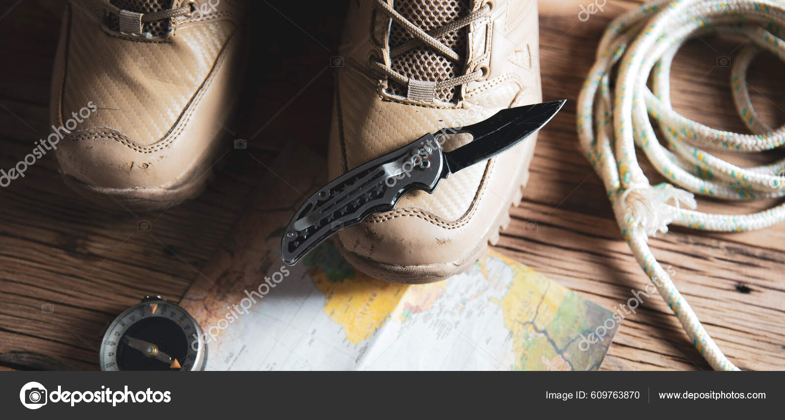 Sport Shoes Knife Compass Map Stock Photo by ©Tiko0305 609763870