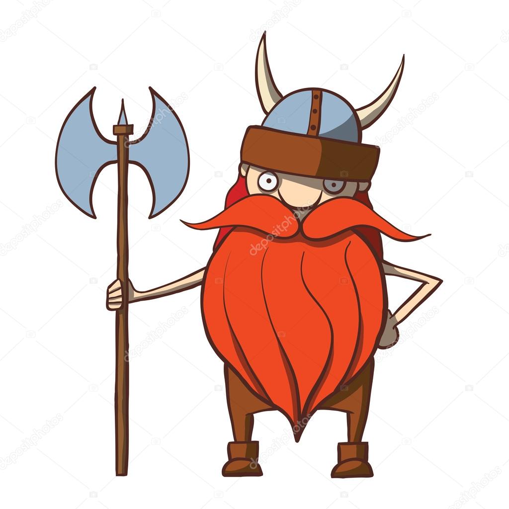 Divertido vikingo de dibujos animados con un hacha. Ilustración vectorial 2023