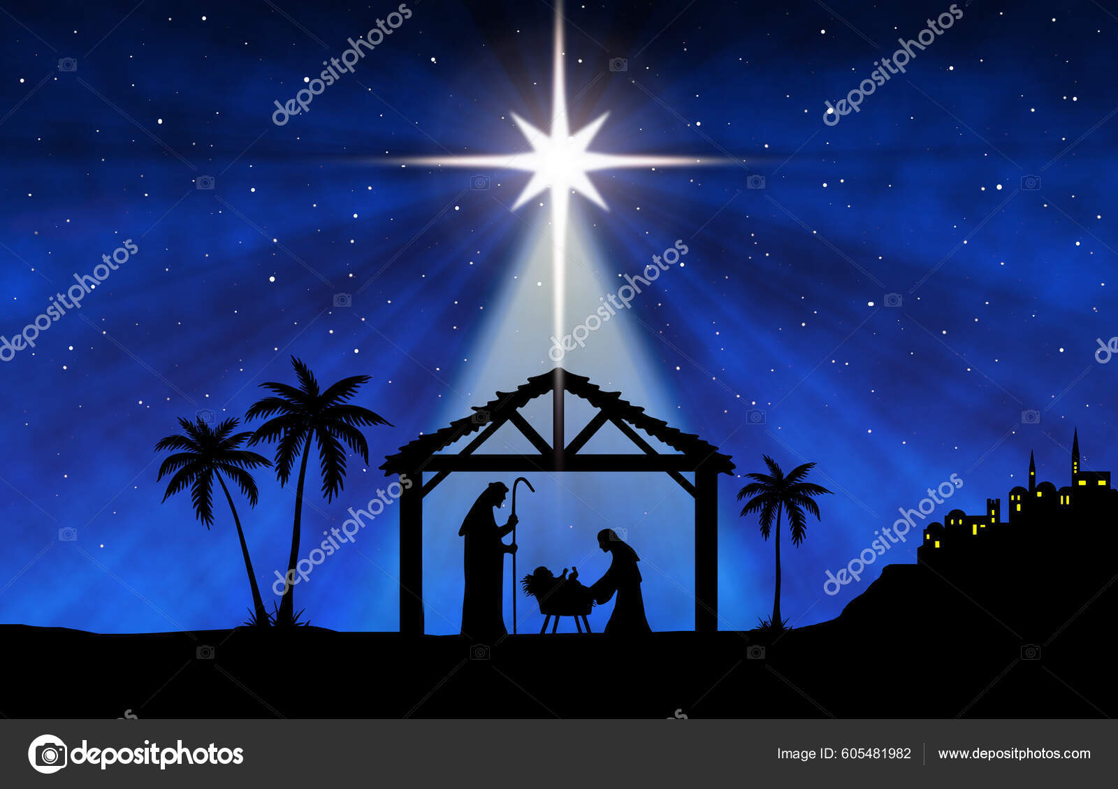 Blue Christmas Nativity Scene Greeting Card Background — Stock Photo ...