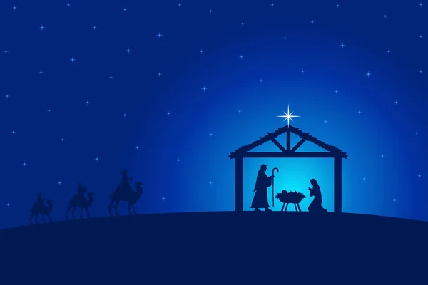 Blue Christmas Nativity Scene Greeting Card Background Stock Photo by ...