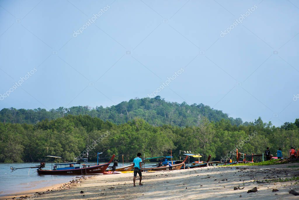 View landscape seascape and local thai fisher people floating stop boat ...