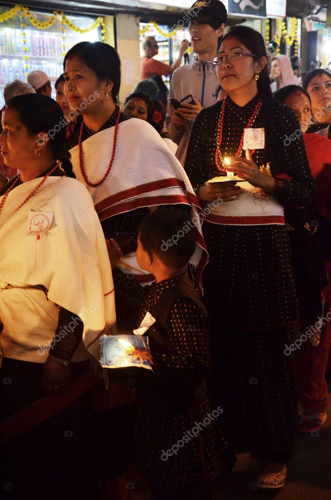 Parade of Nepalese people for celebration and respect praying rite to ...
