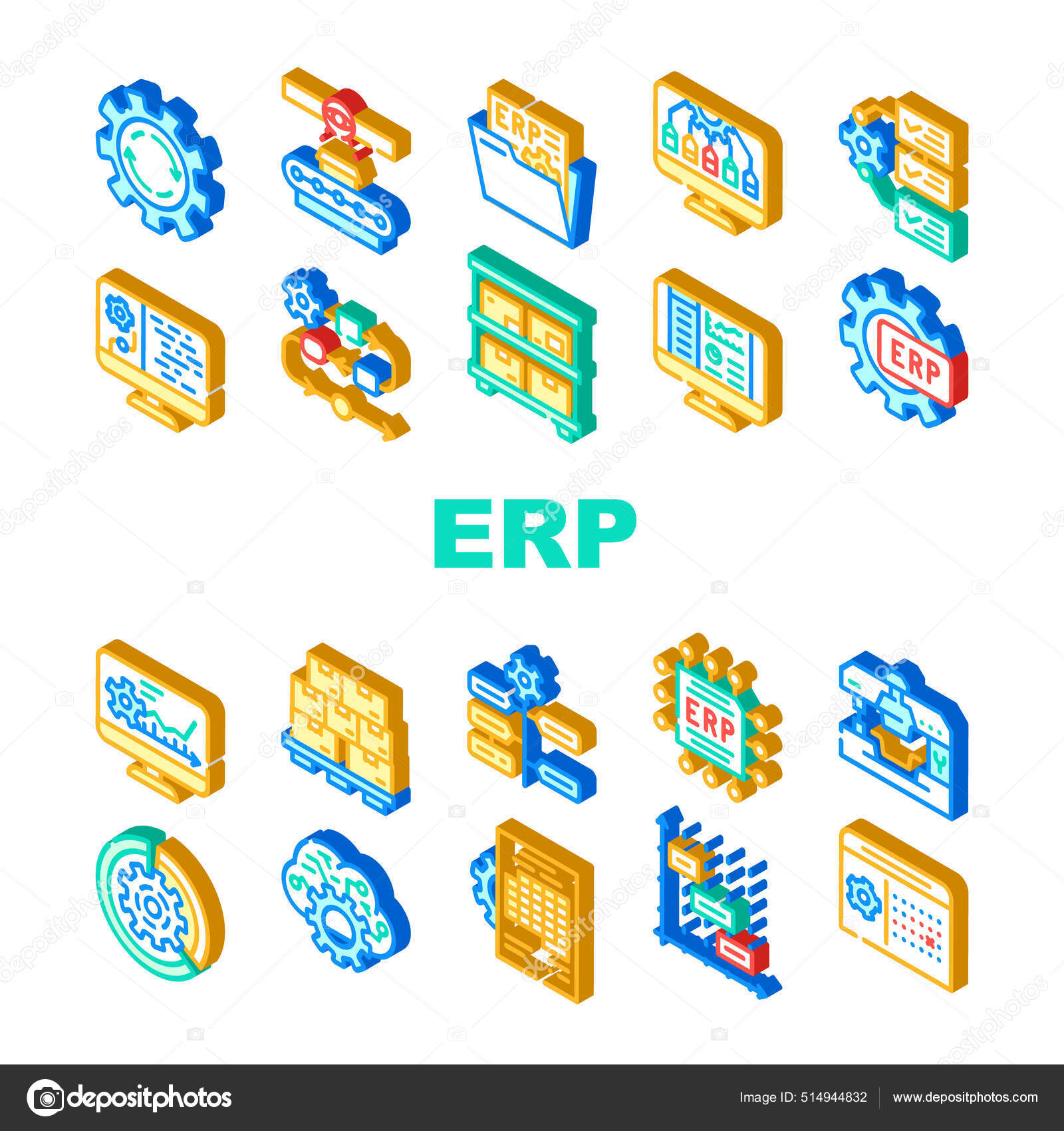 Erp Enterprise Resource Planning Icons Set Vector Stock Vector by ...