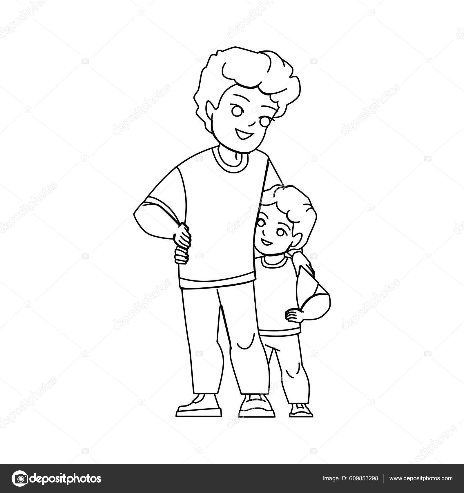 Hermano Familia Línea Lápiz Dibujo Vector Amor Feliz Niños Jóvenes ...