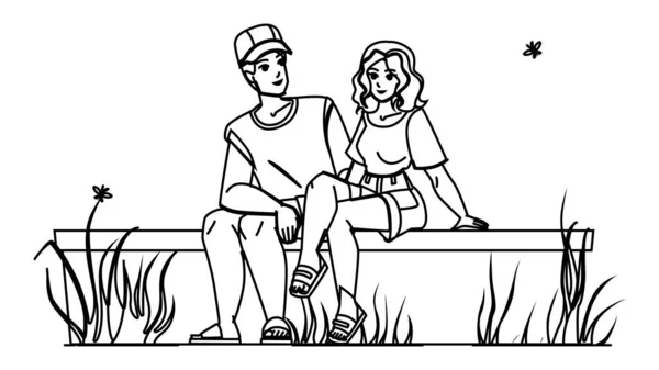 Couple Park Line Pencil Drawing Vector Happy Nature Woman Man Stock