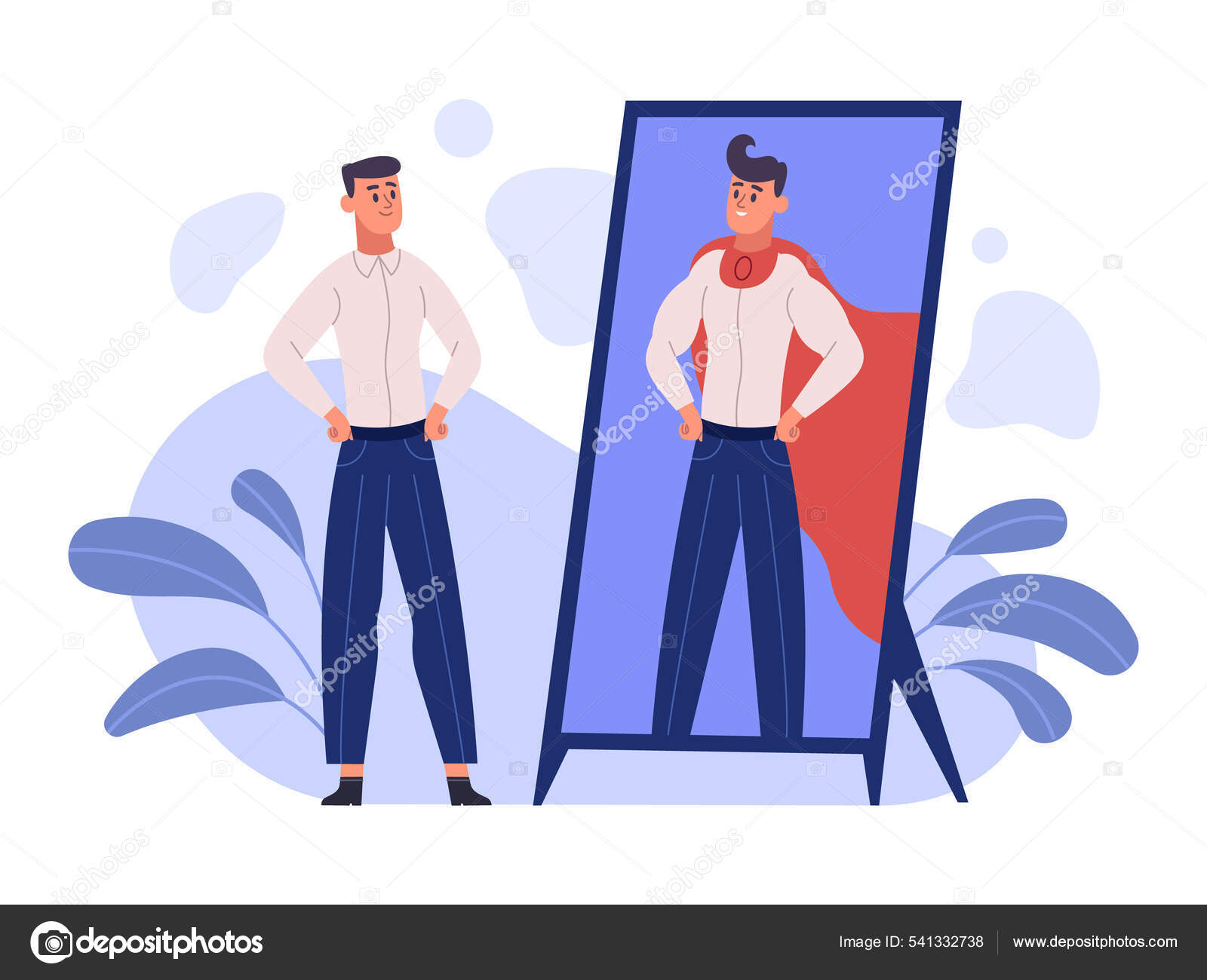 Man see super hero reflection in mirror, ambition and self confident ...