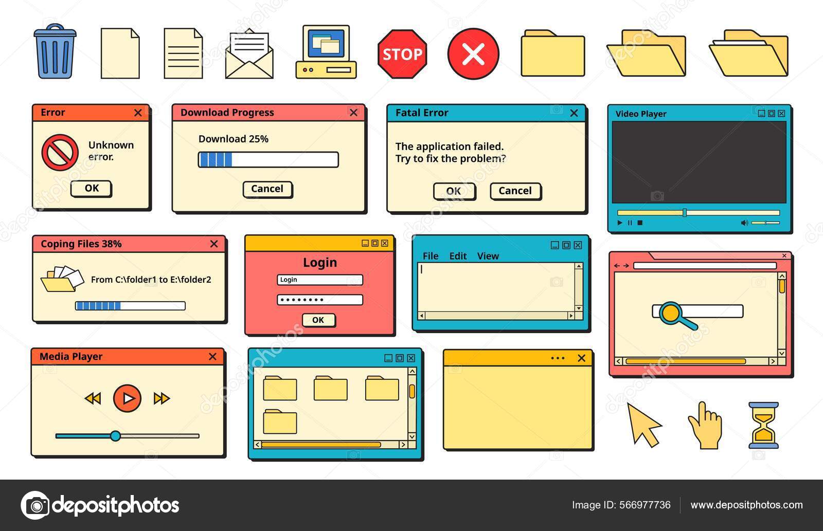 Nostaljik 90 'ların Ui' si. Retro hata iletileri, eski bilgisayar ...
